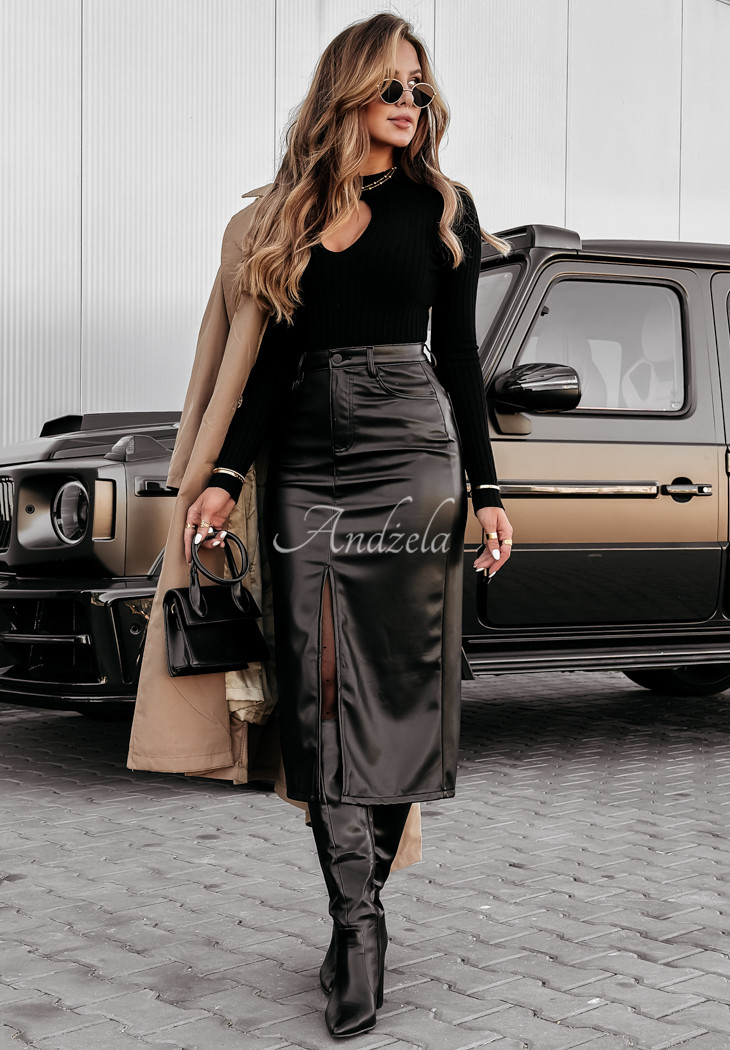 Fustă din imitație de piele Empower Elegance cu fantă - Magazin online ...